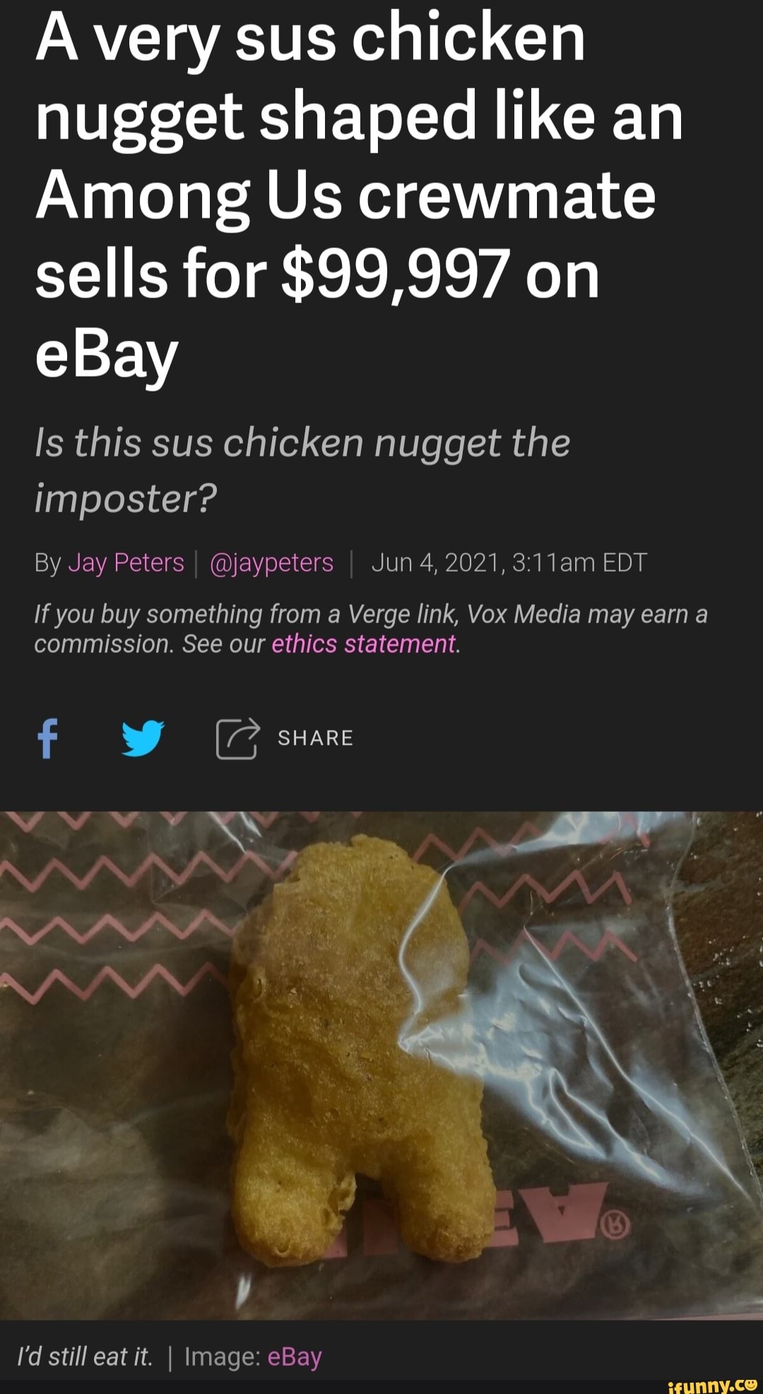 A very sus chicken nugget shaped like an Among Us crewmate sells for ...
