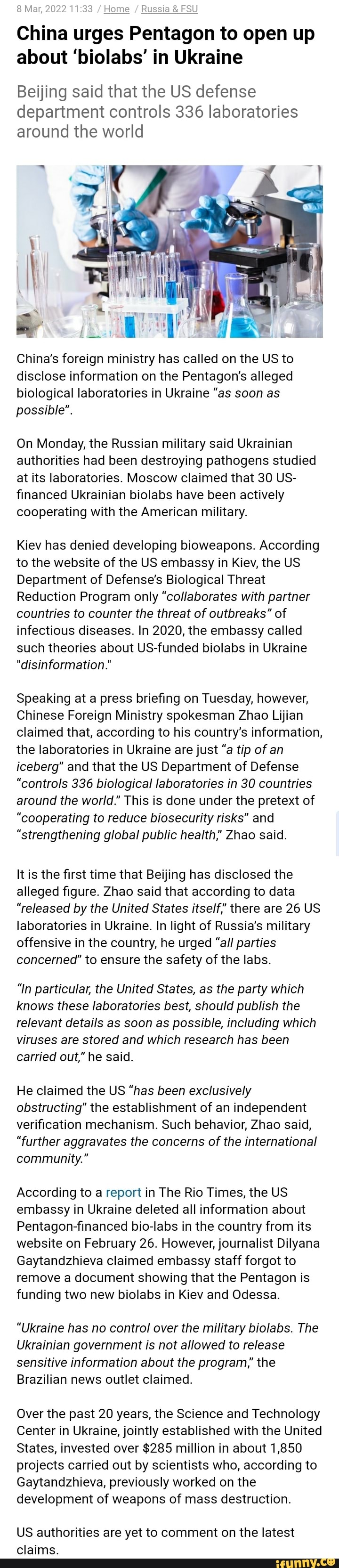 Ru: FSU 8 Mar, 2022 Home Ri FSU China urges Pentagon to open up about ...