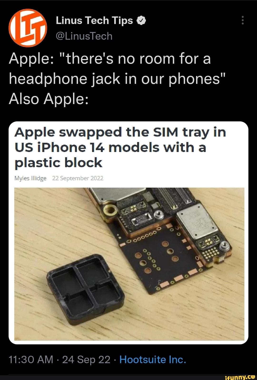 Linus Tech Tips @ @LinusTech Apple: "there's no room for a headphone ...