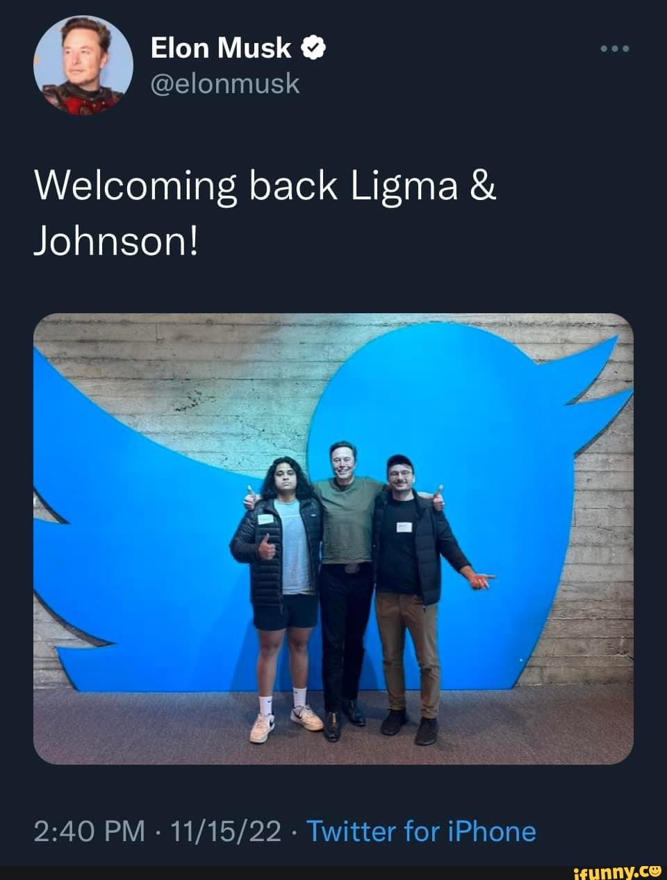 (8) Elon Musk @ @elonmusk Welcoming back Ligma & Johnson! PM - - Twitter for iPhone - iFunny