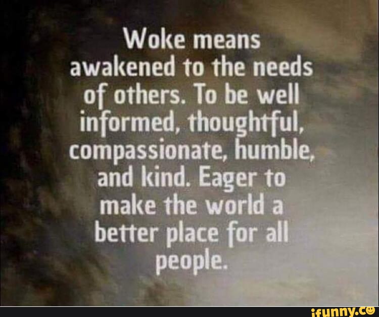 Woke means awakened to the needs of others. To be well informed ...