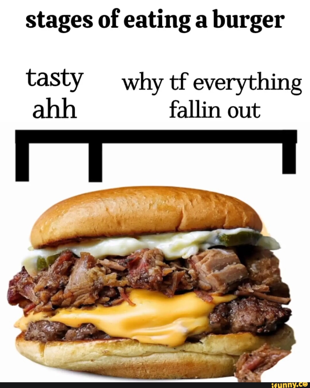 Stages of eating a burger tasty why tf everything ahh fallin out - iFunny