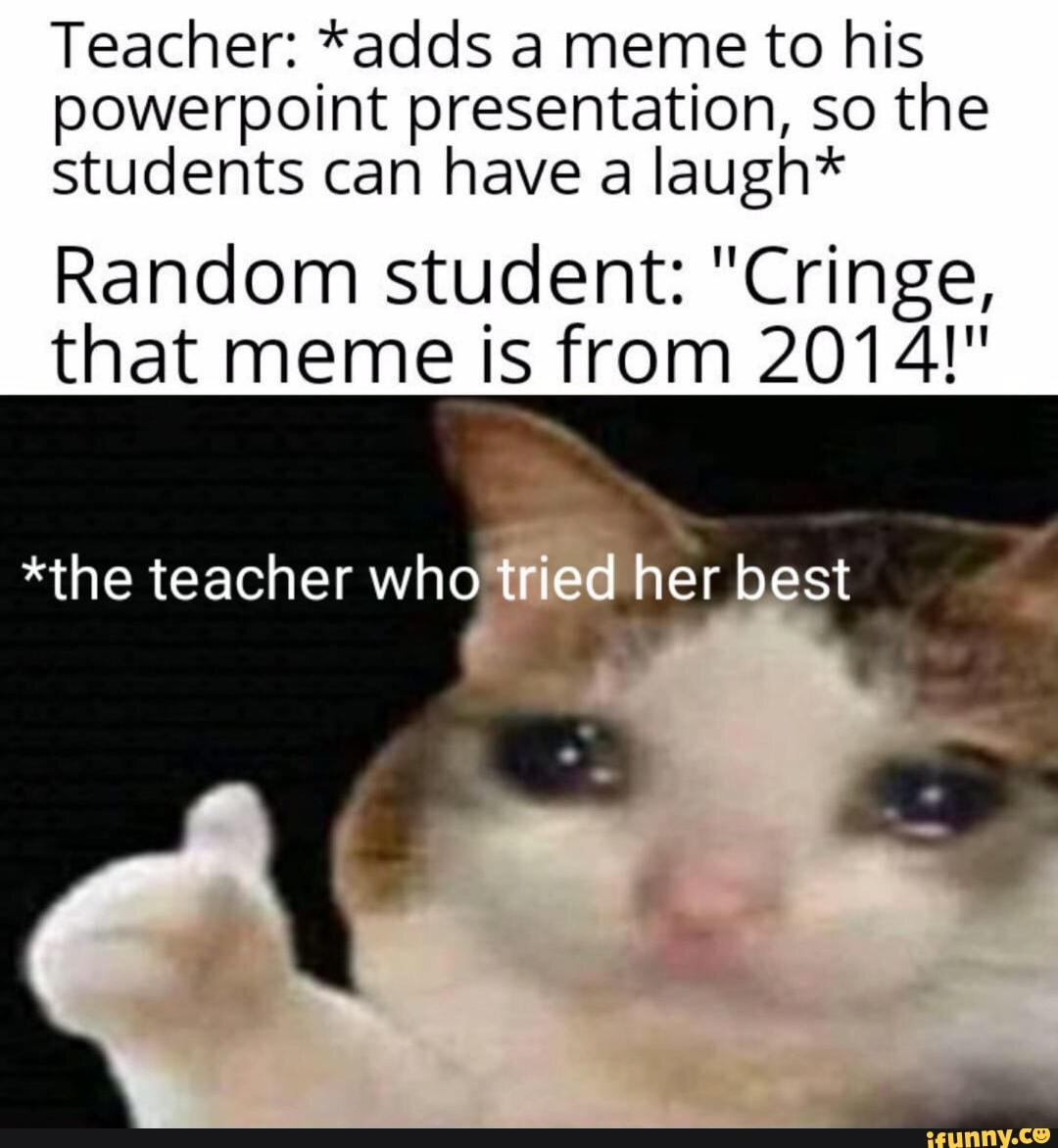 Teacher: *adds a meme to his powerpoint presentation, so the students ...