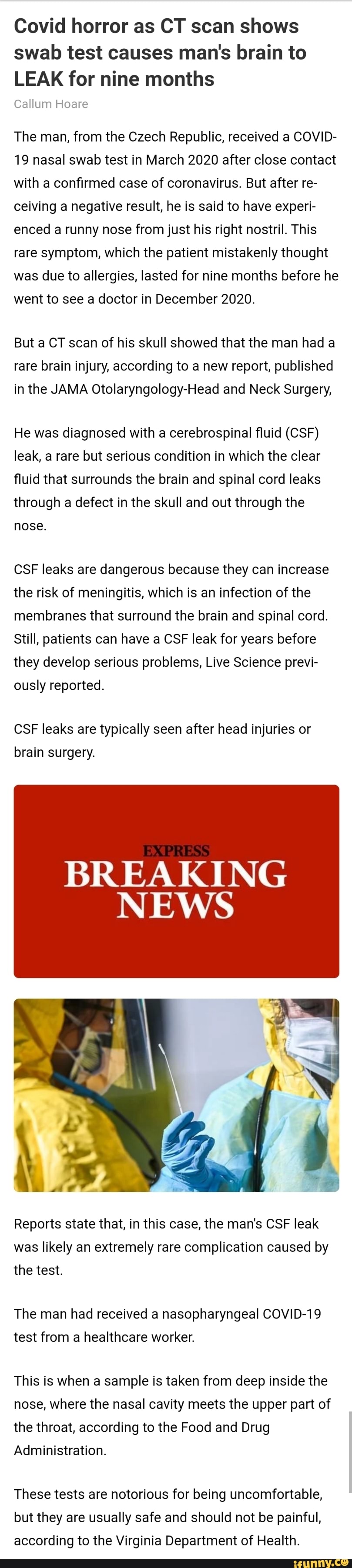 Covid horror as CT scan shows swab test causes man's brain to LEAK for ...