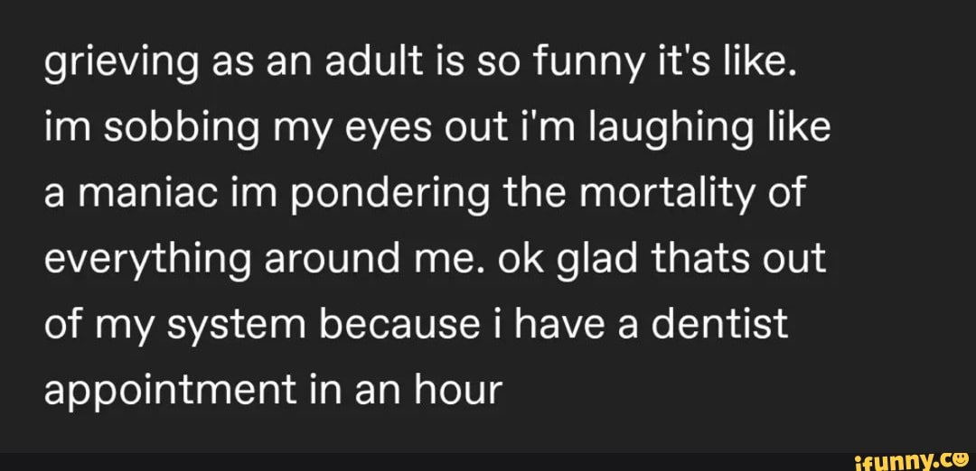 Grieving as an adult is so funny it's like. im sobbing my eyes out i'm ...