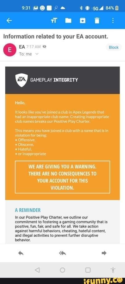 931 5G.4 84% Information related to your EA account. EATA7AM & GAMEPLAY ...