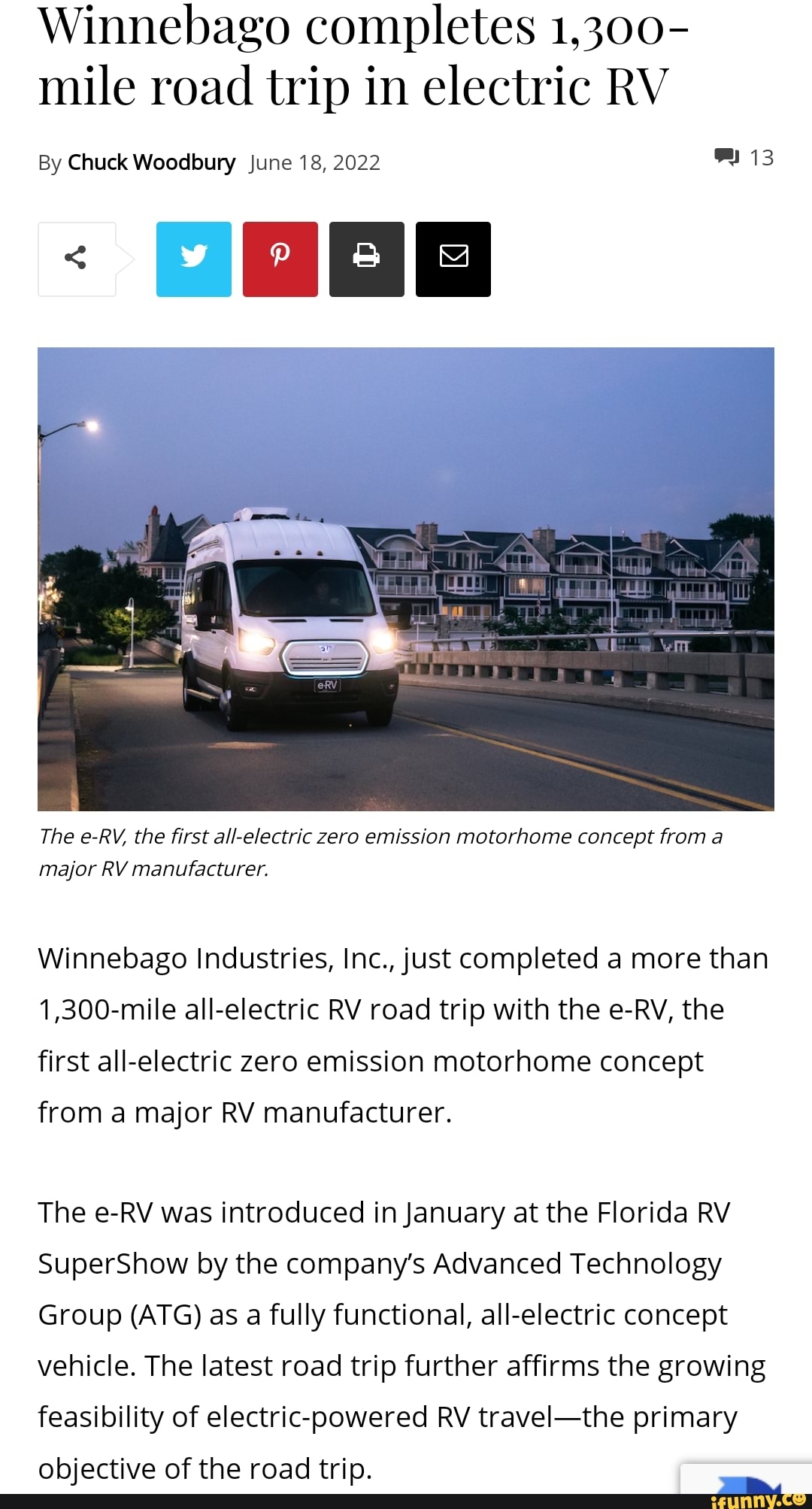 Winnebago completes 1,300- mile road trip in electric RV By Chuck ...