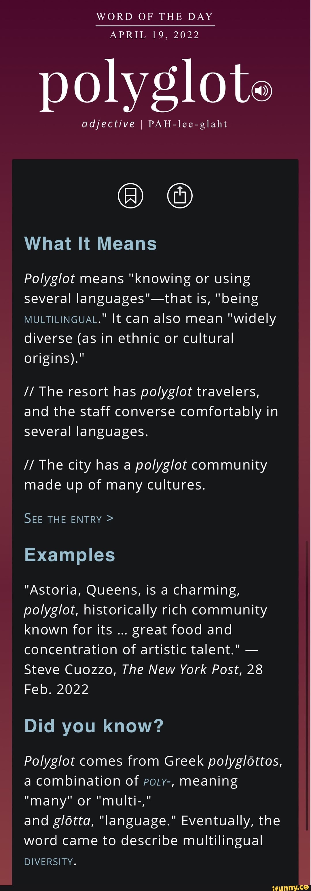 WORD OF THE DAY APRIL 19, 2022 polyglote adjective I PAH-lee-glaht What ...
