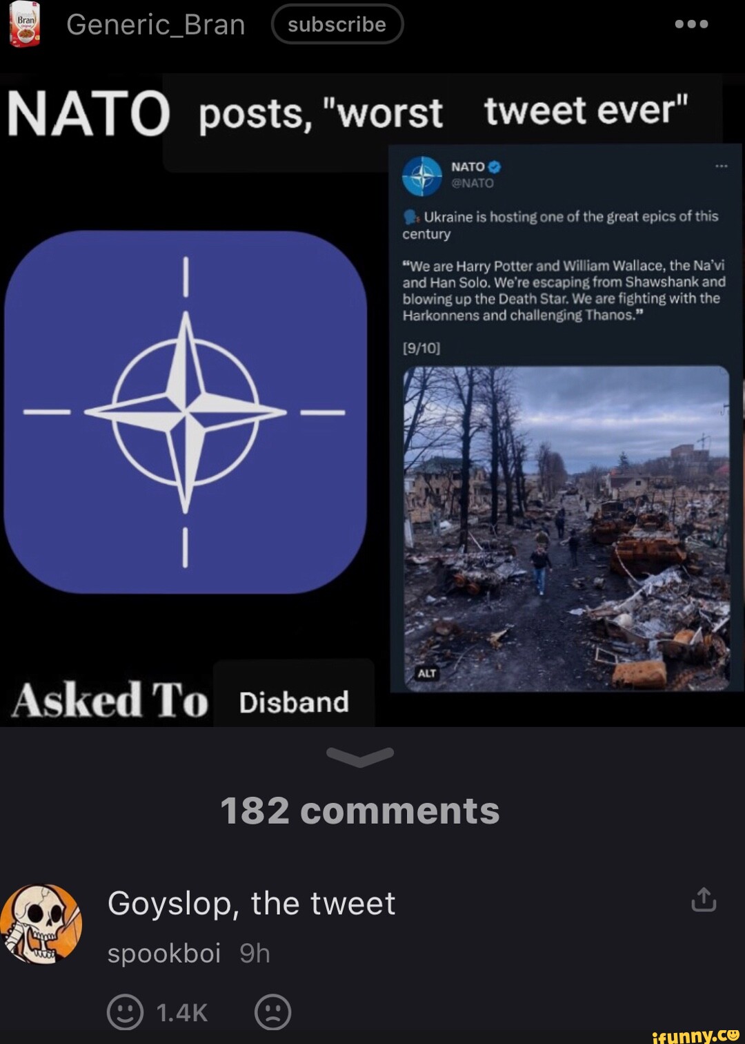 Generic_Bran subscribe NATO posts, "worst tweet ever" NATO Ukraine is ...