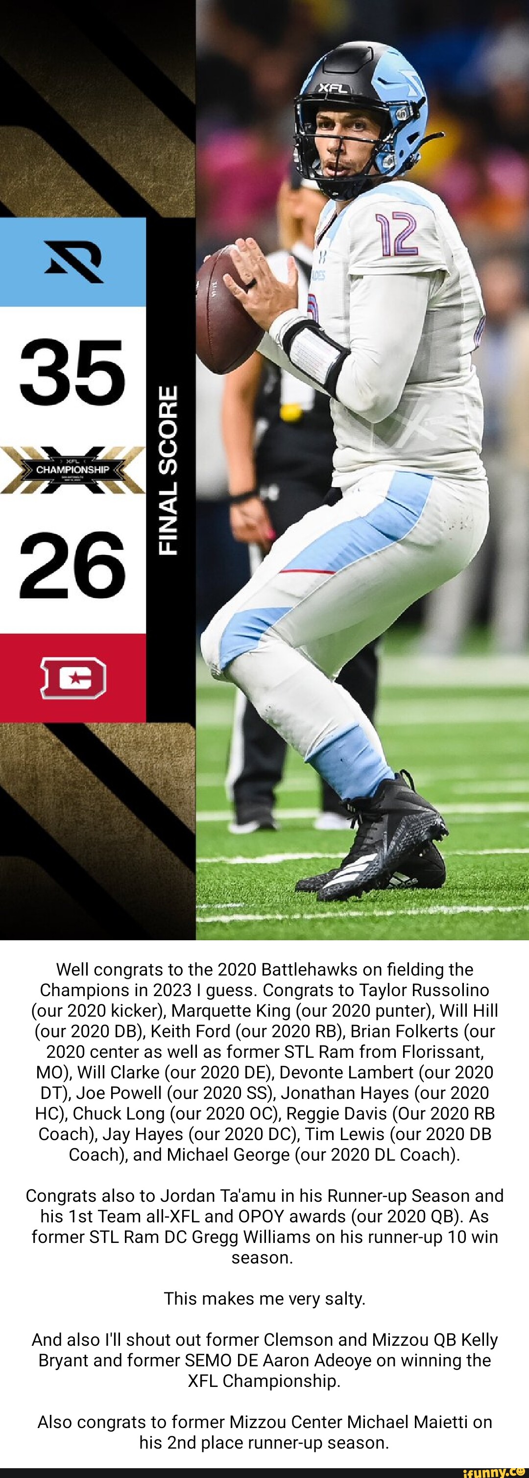 CHAMPIONSHIP SCORE FINAL SCORE Well congrats to the 2020 Battlehawks on ...