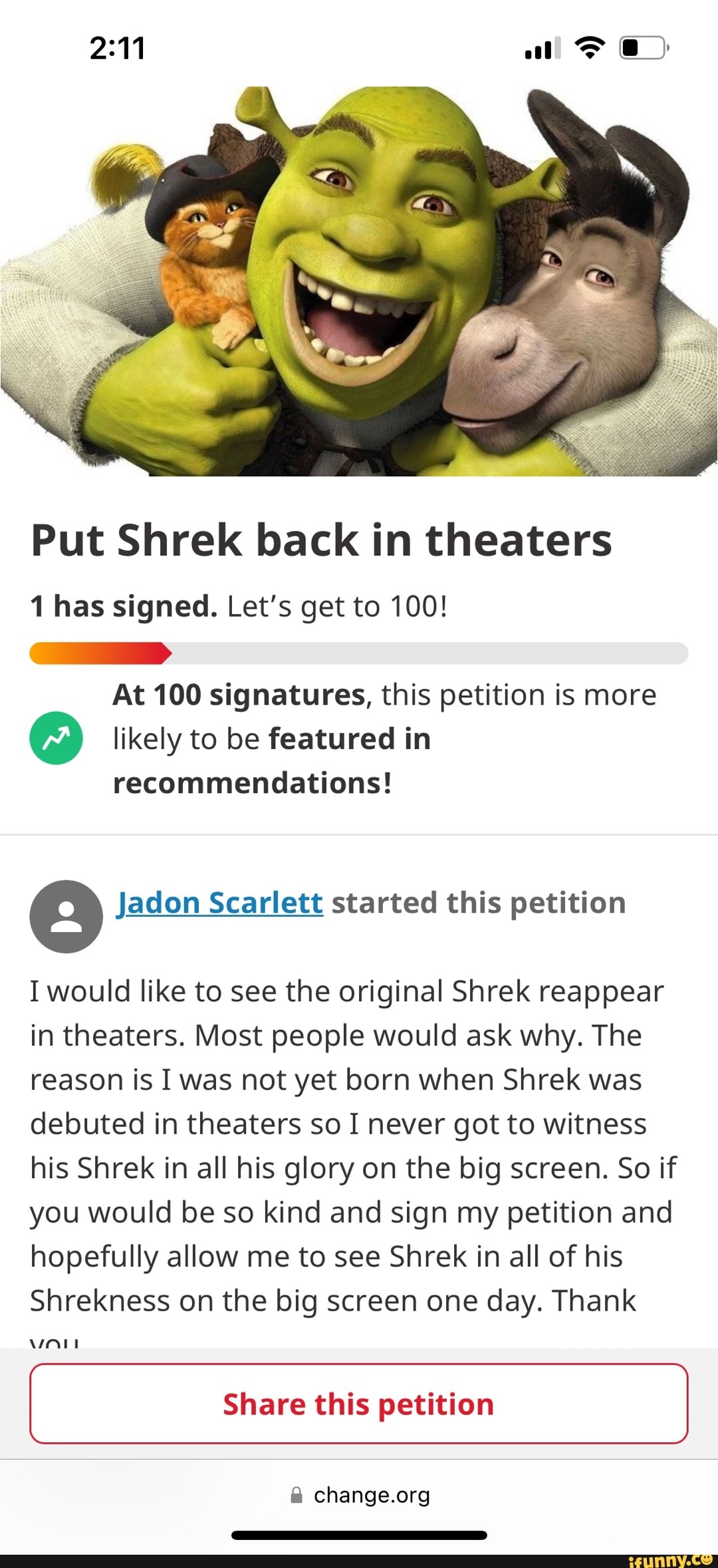 All Put Shrek back in theaters 1 has signed. Let's get to 100! At 100 ...