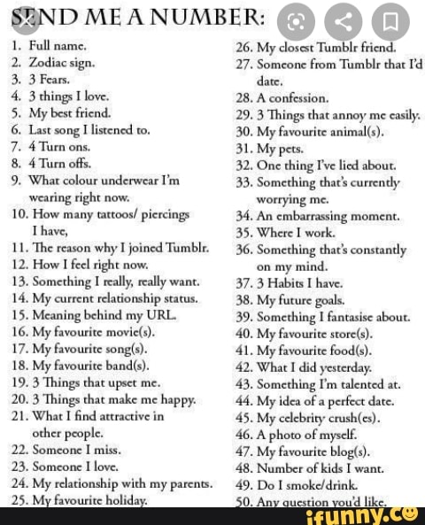SEND MEA NUMBER: Full name. Zodiac sign. 3 Fears. 3 things I love. My ...