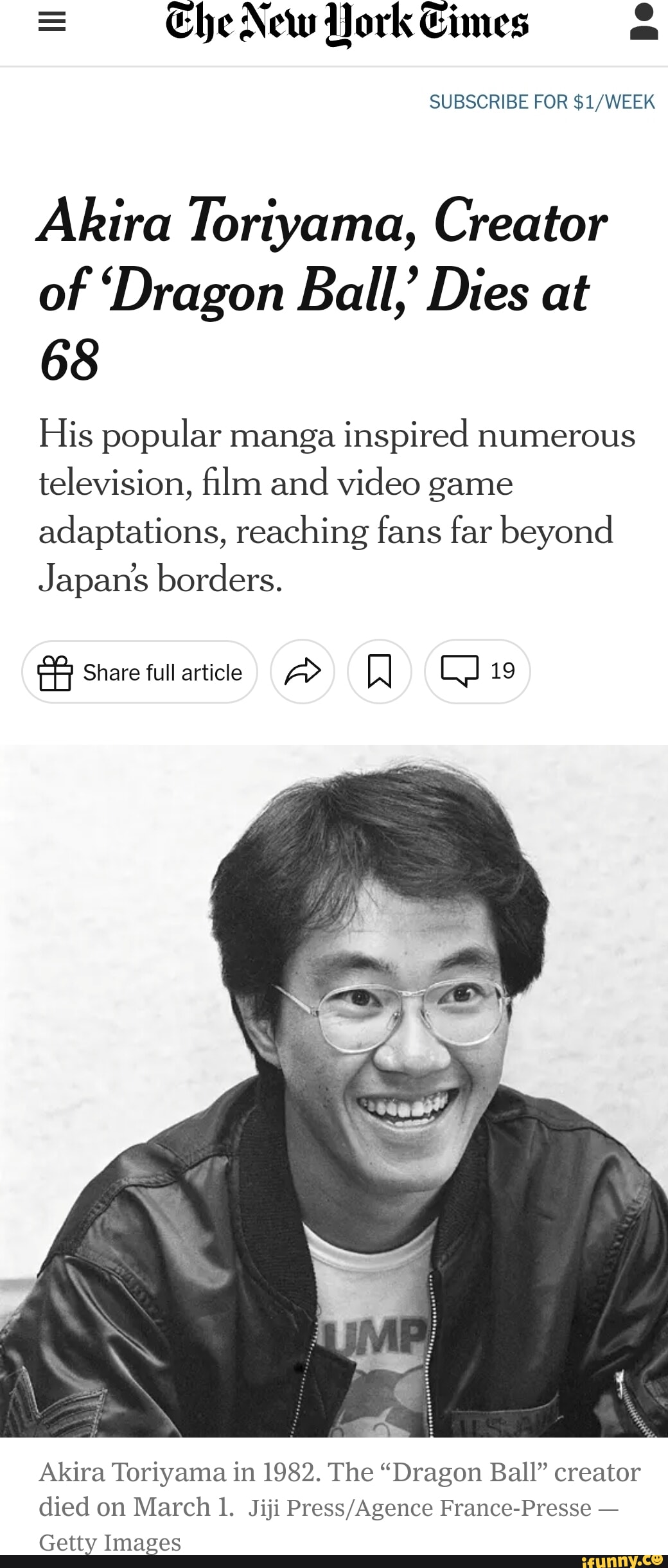 Ehe New ork Cimes = SUBSCRIBE FOR Akira Toriyama, Creator of 'Dragon ...