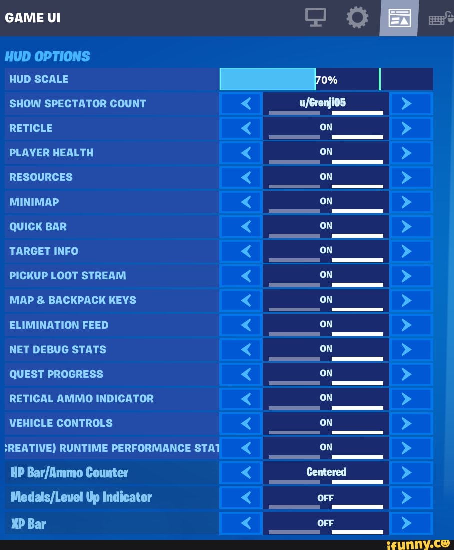 GAME UI HUD OPTIONS HUD SCALE SHOW SPECTATOR COUNT RETICLE PLAYER HEALTH RESOURCES MINIMAP QUICK ...