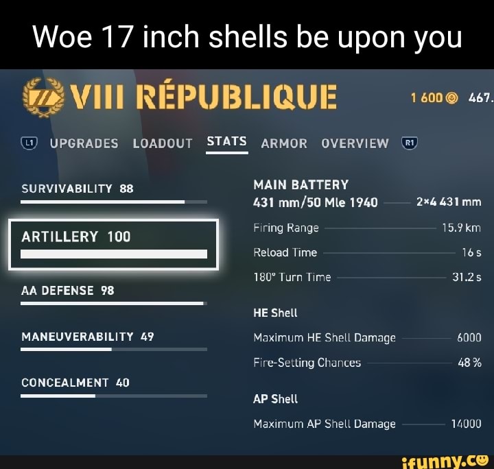 Woe 17 inch shells be upon you REPUBLIQUE UPGRADES LOADOUT STATS ARMOR ...