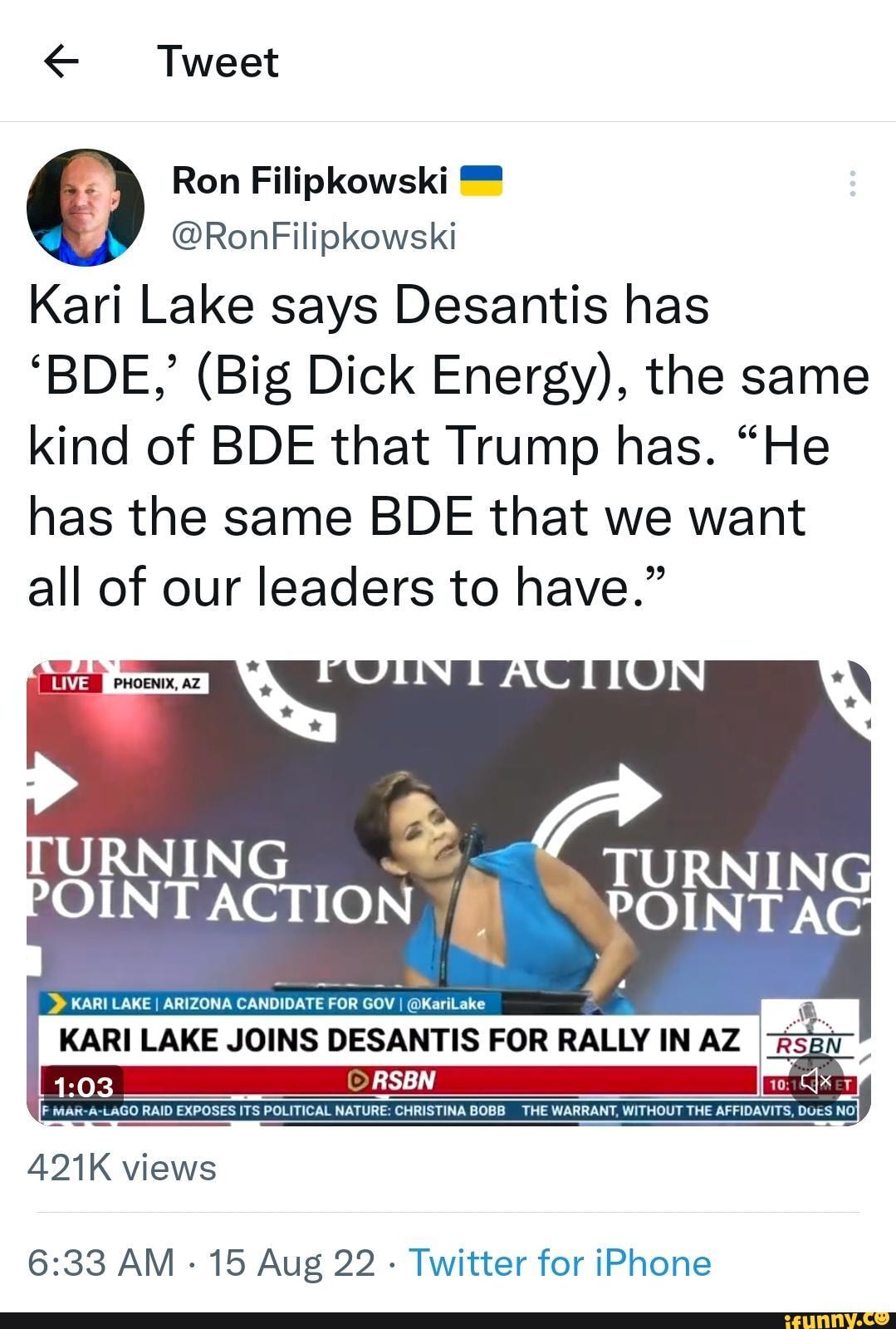 Tweet Ron Filipkowski Ronfilipkowski Kari Lake Says Desantis Has Bde Big Dick Energy The