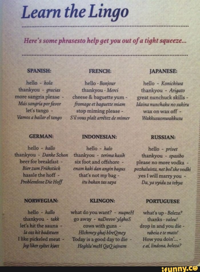 Learn the Lingo Here's some phrasesto help get you out of tight squceze ...