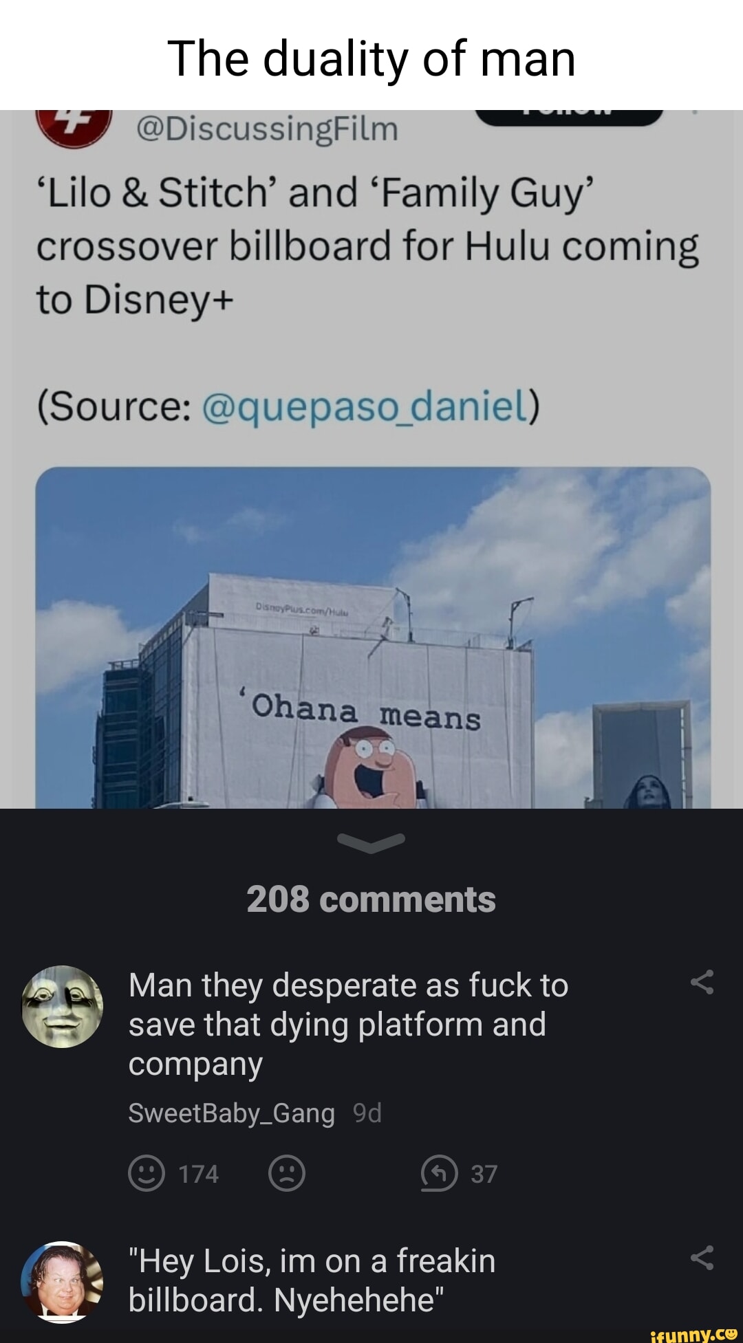 The duality of man DiscussingFilm 'Lilo & Stitch' and 'Family Guy' crossover billboard for Hulu ...