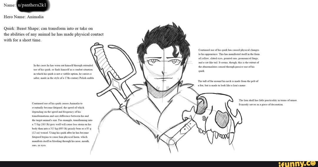Name Hero Name: Animalia Quirk: Beast Shape; can transform into or take ...