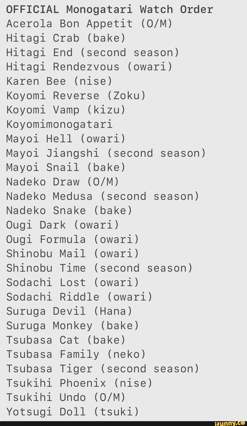 OFFICIAL Monogatari Watch Order Acerola Bon Appetit Hitagi Crab (bake ...