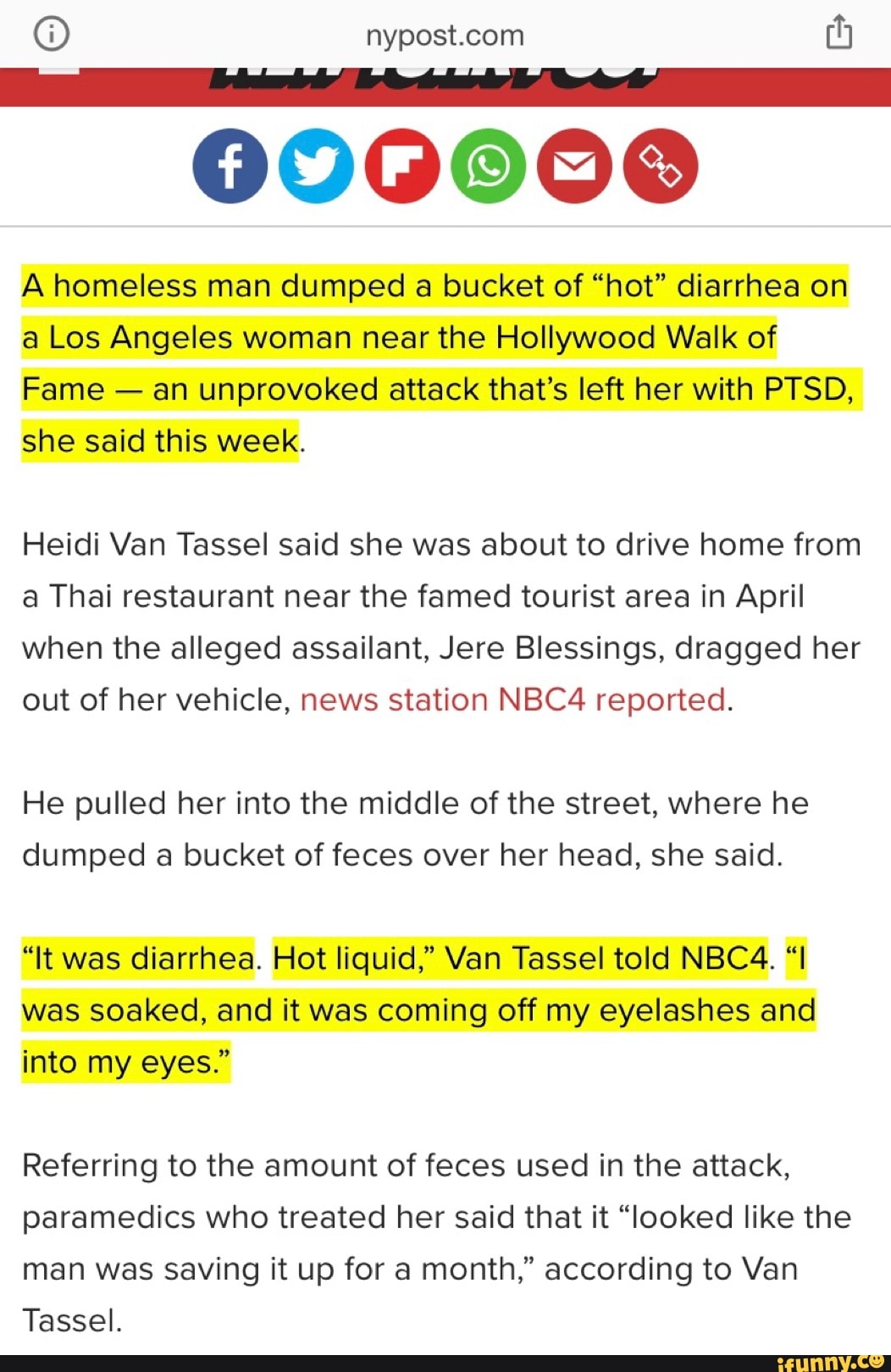 A homeless man dumped a bucket of “hot” diarrhea on a Los Angeles woman ...