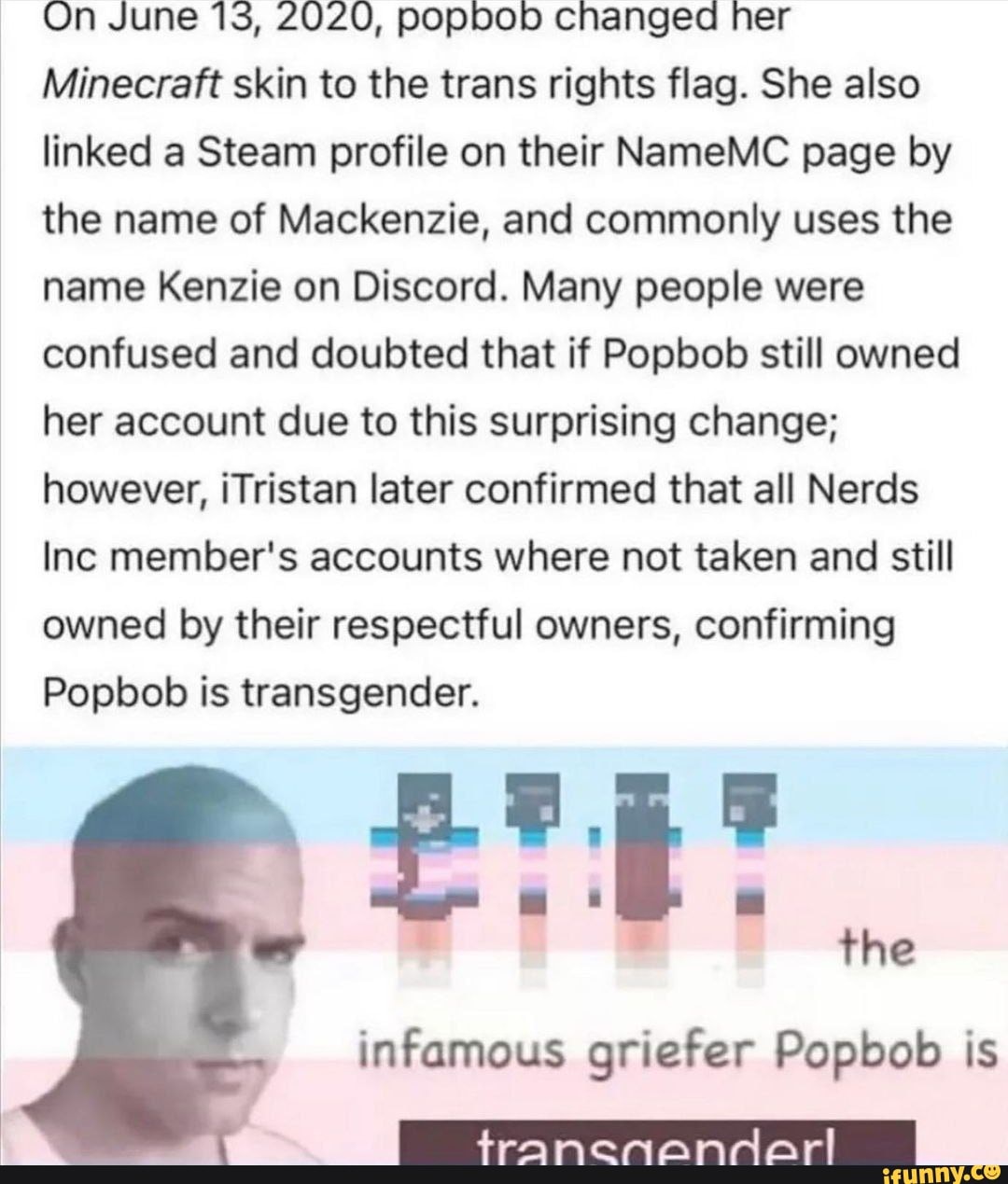 On June 13, 2020, popbob changed her Minecraft skin to the trans rights flag. She also linked a ...