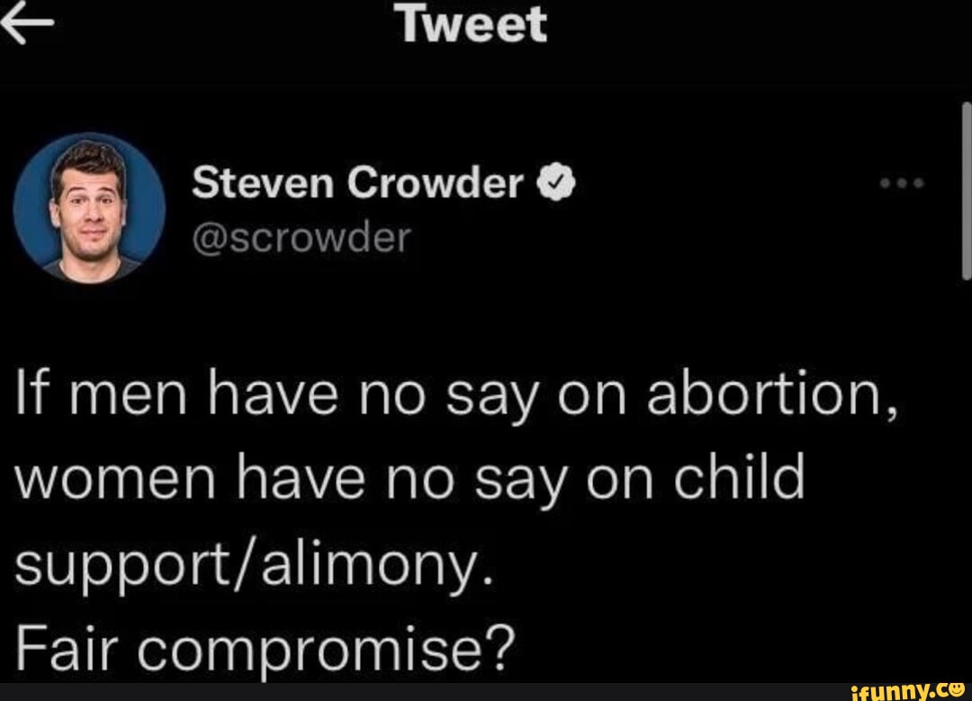 Tweet Steven Crowder @ @scrowder If men have no say on abortion, women ...