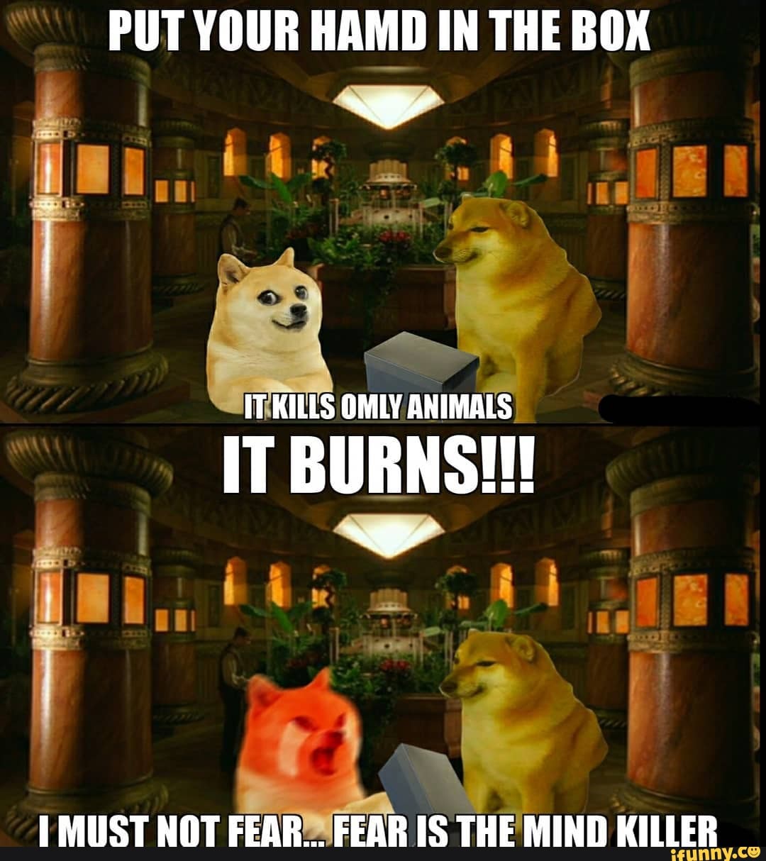 PUT YOUR HAMD IN THE BOX IT BURNS! EMUST NOT FEAR FEAR IS THEMIND ...