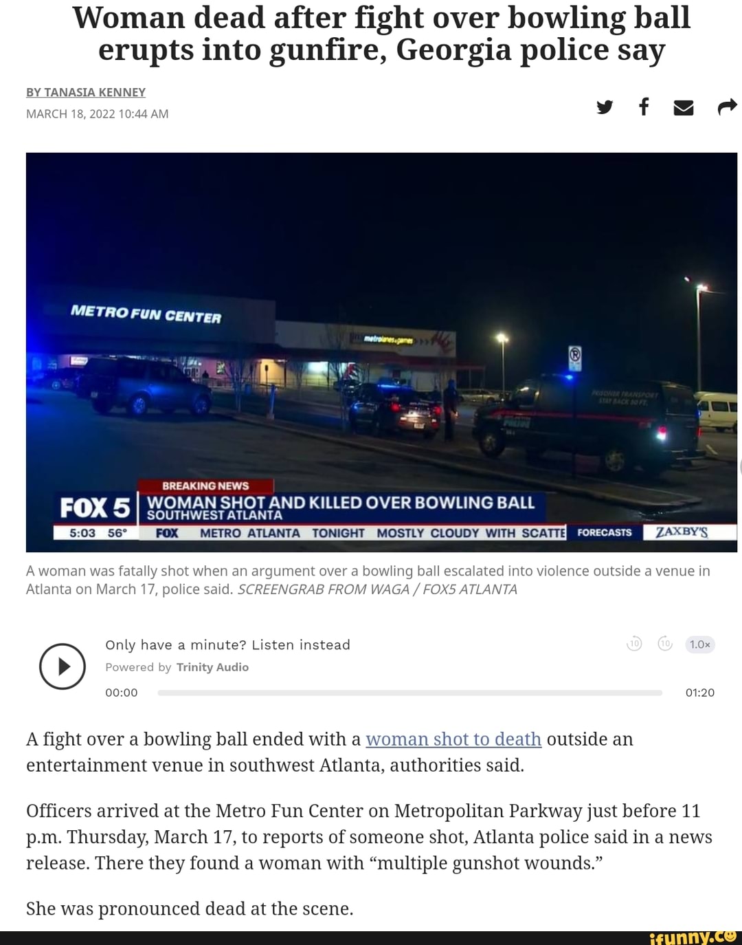 Woman dead after fight over bowling ball erupts into gunfire, Georgia ...