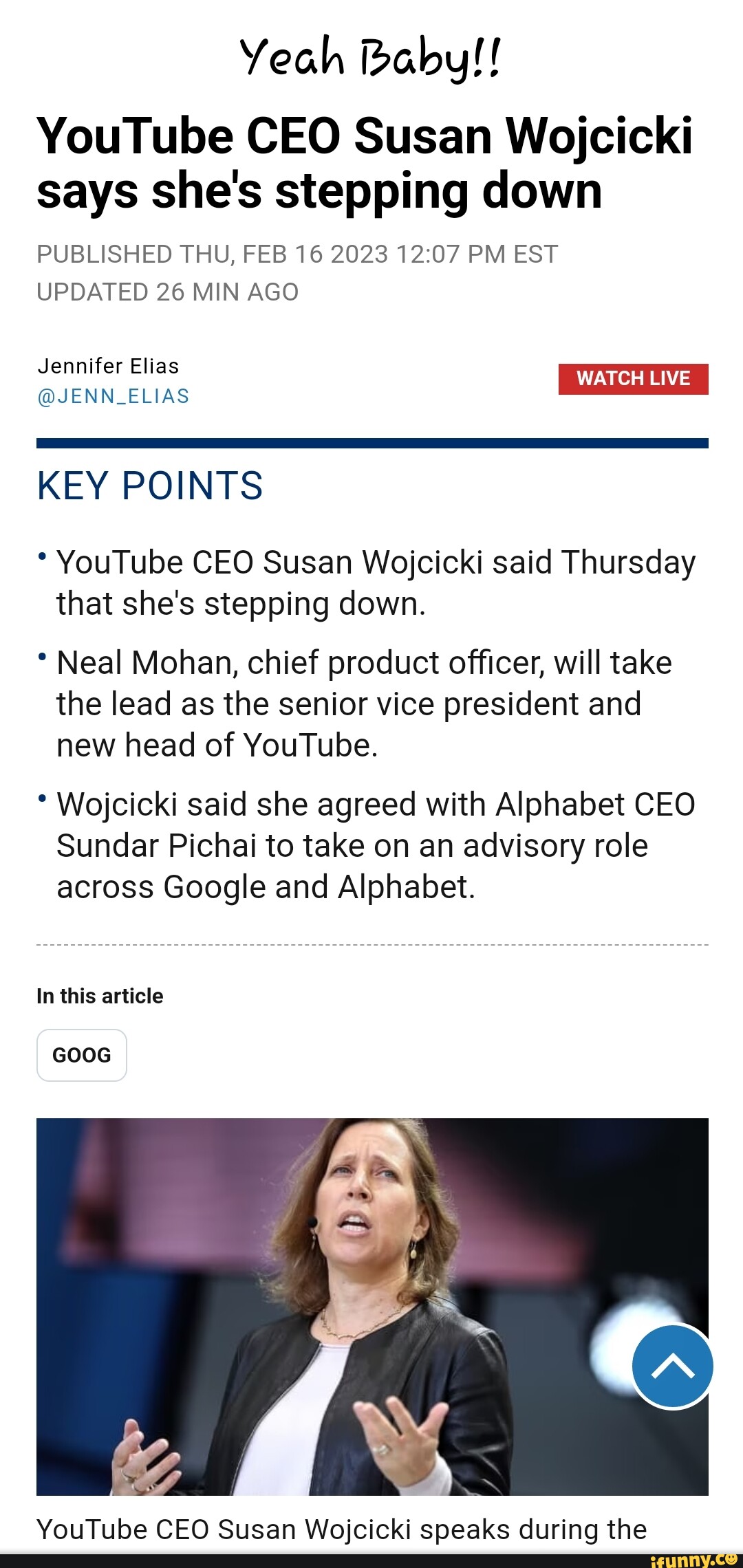 Yeah Baby!! YouTube CEO Susan Wojcicki says she's stepping down ...