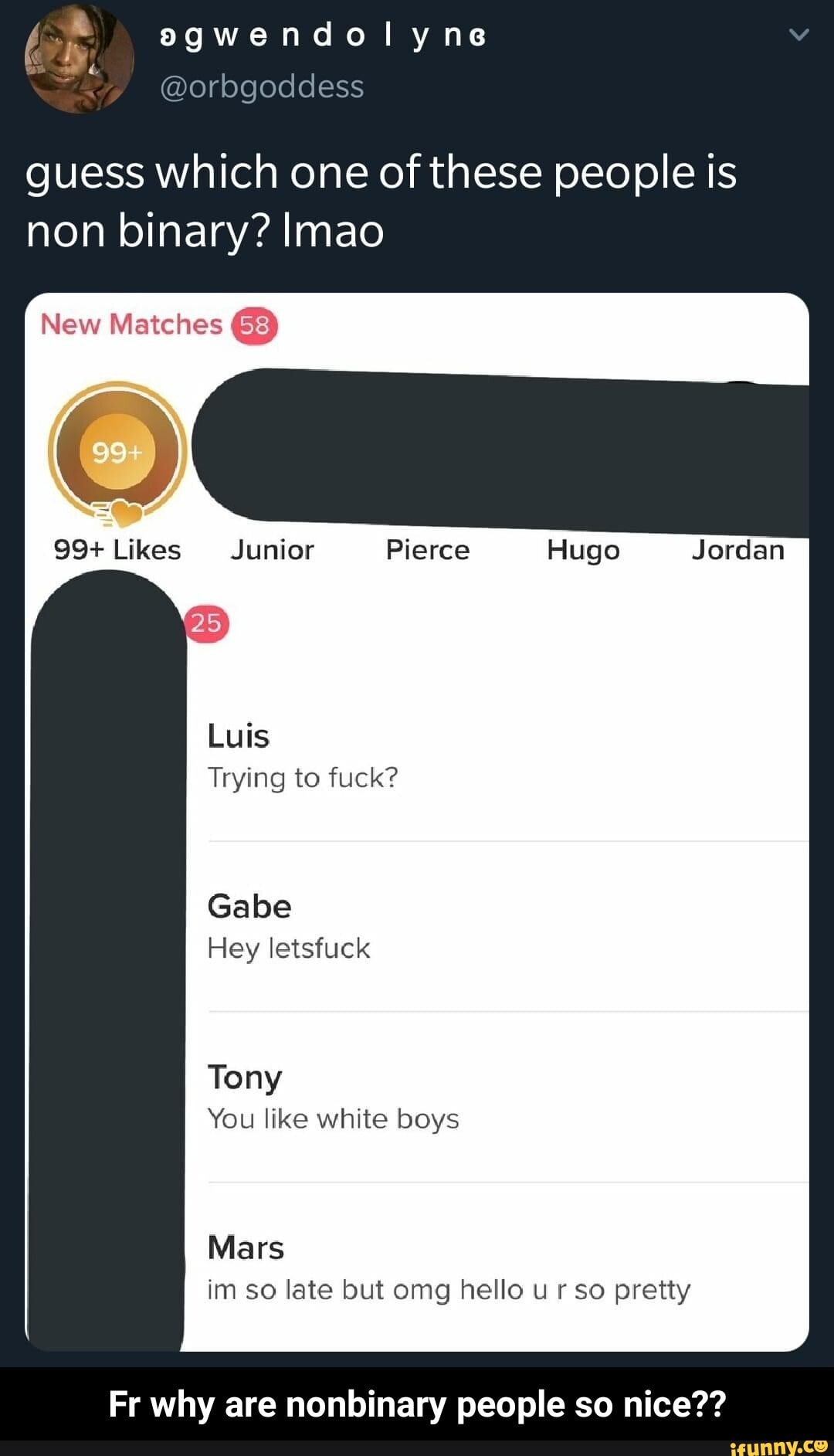 Guess which one of these people is non binary? lmao Luis Trying to fuck? Gabe Tony Mars im so ...