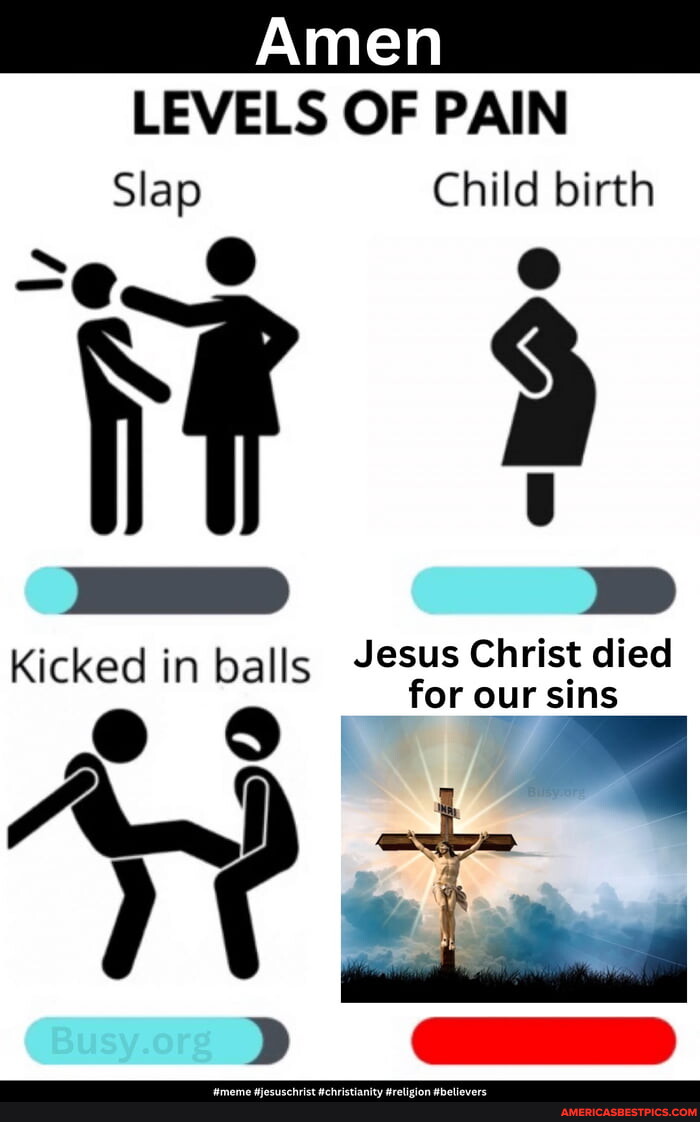Amen LEVELS OF PAIN Slap Child birth Kicked in balls Jesus Christ died ...