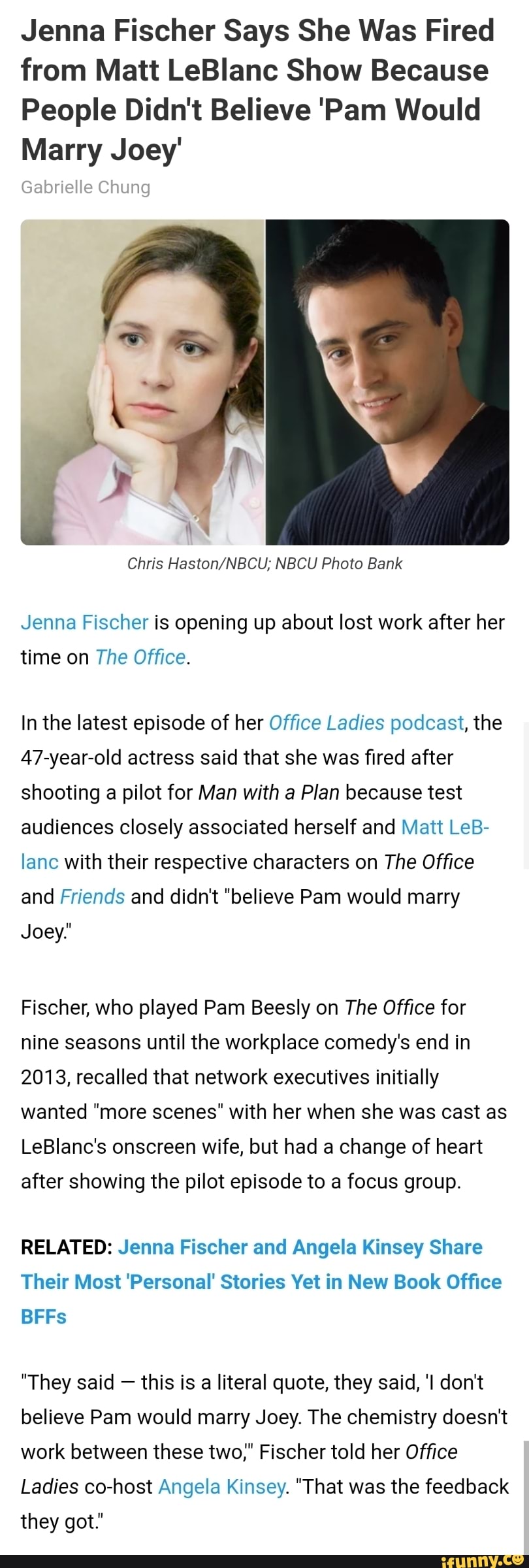 Jenna Fischer Says She Was Fired from Matt LeBlanc Show Because People ...