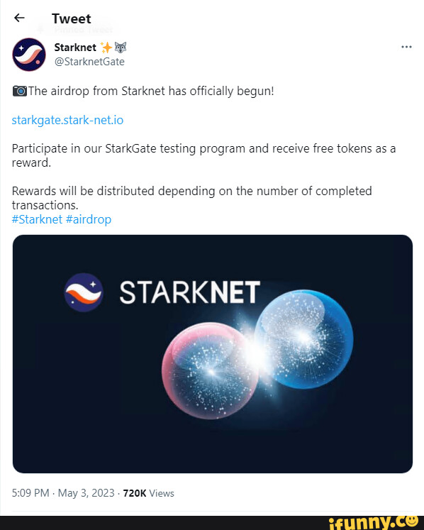 Tweet Starknet StarknetGate he airdrop from Starknet has officially ...