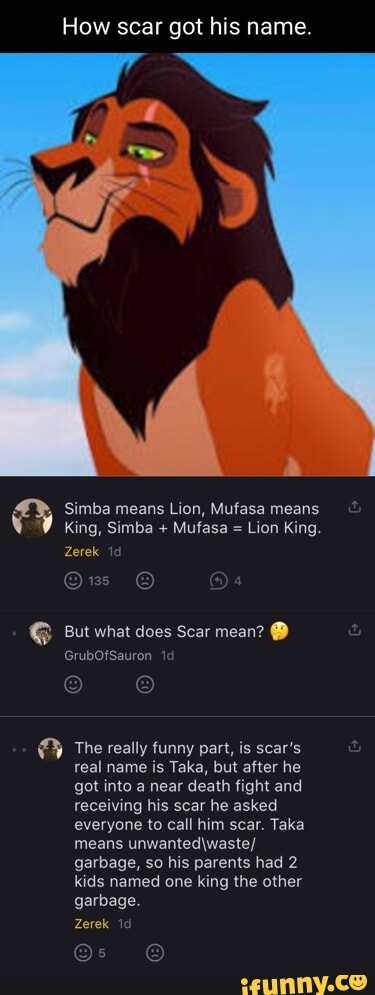 How scar got his name. Simba means Lion, means King, Simba + Mufasa ...