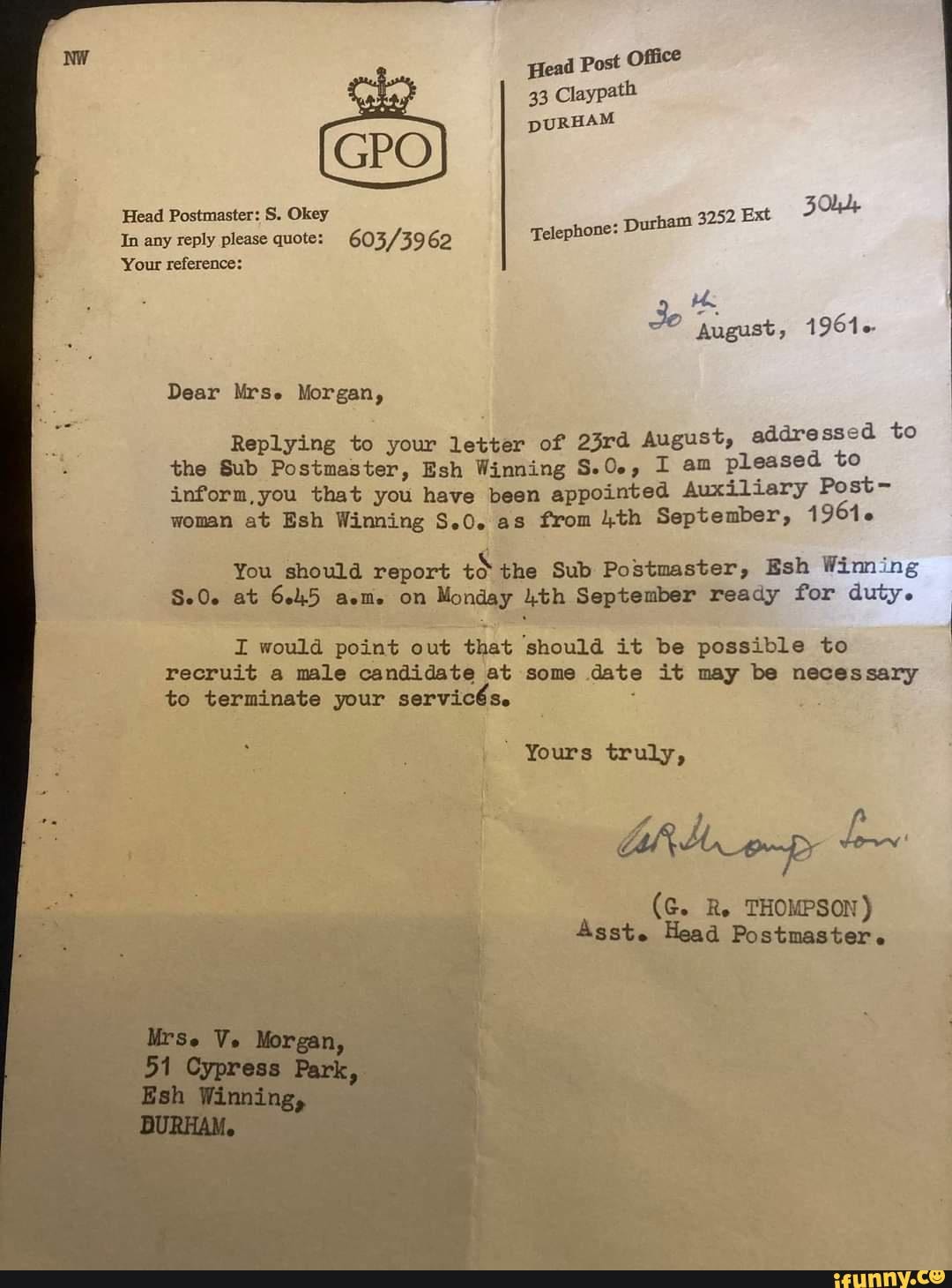 Yikes. - Head Post Office 33 Claypath DURHAM Head Postmaster: S. Okey ...