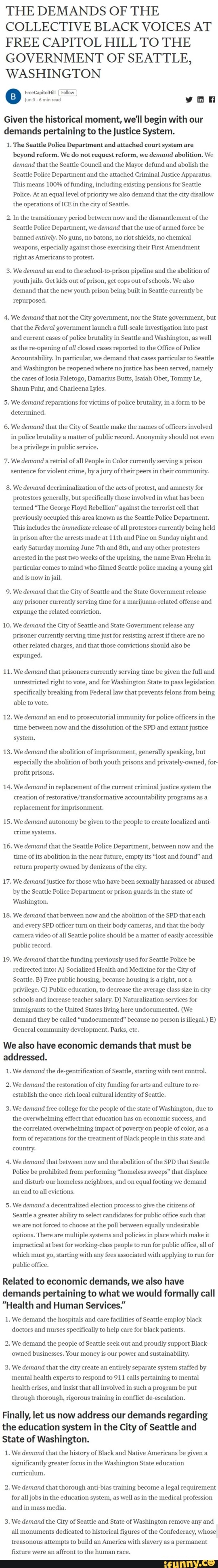 THE DEMANDS OF THE COLLECTIVE BLACK VOICES AT FREE CAPITOL HILL TO THE ...