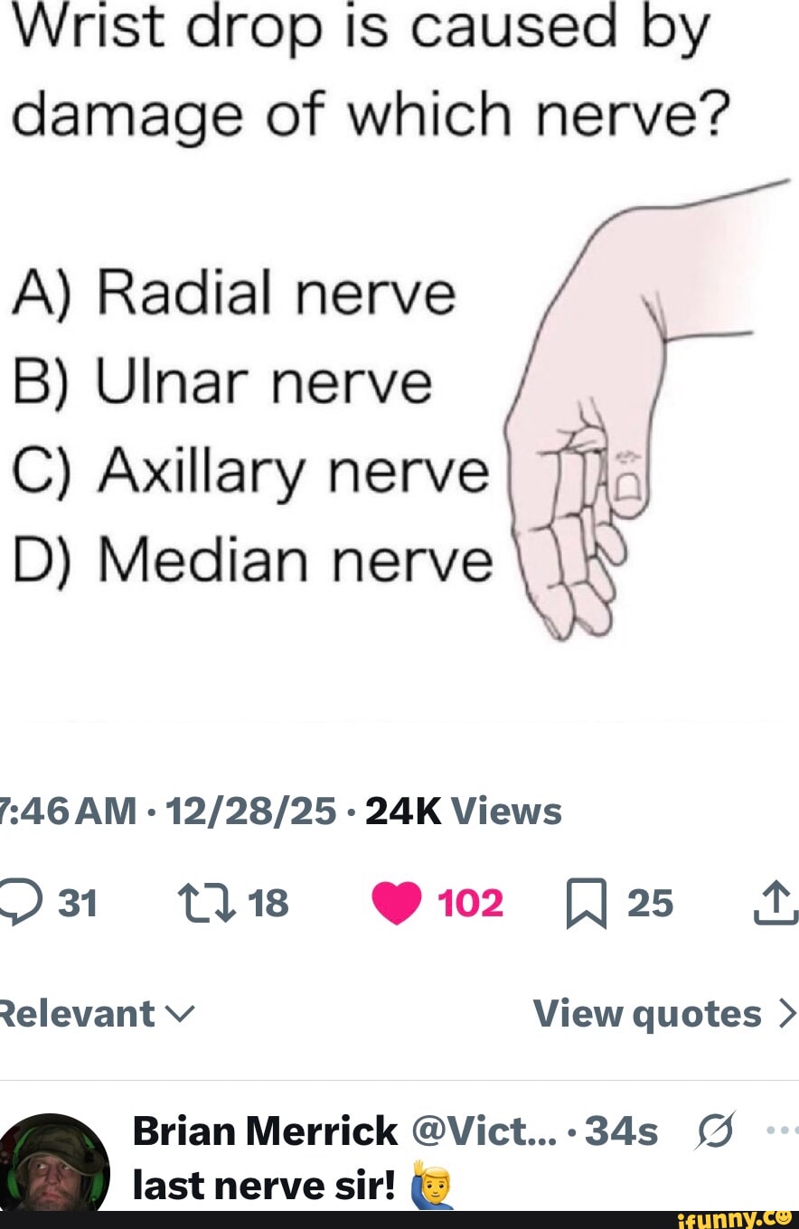 Wrist drop IS caused by damage of which nerve? A) Radial nerve B) Ulnar ...