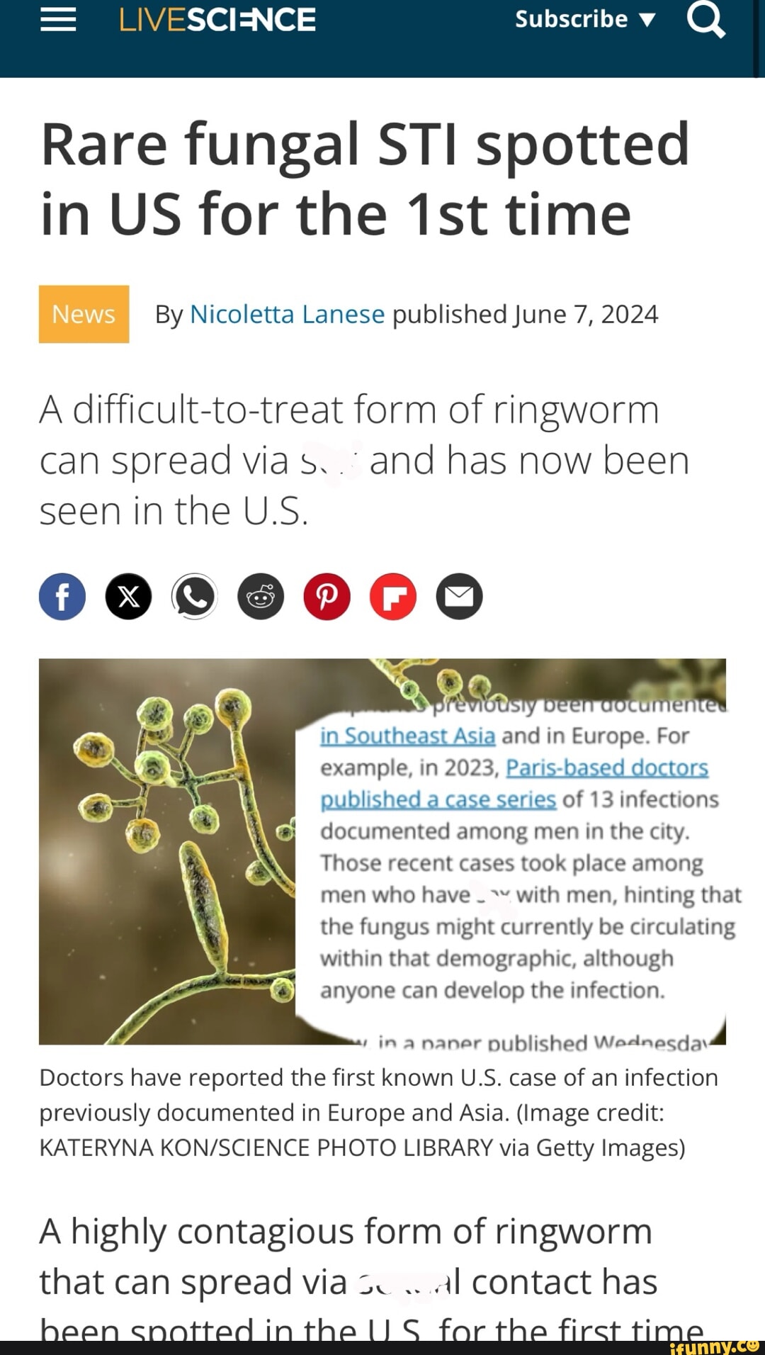 = LIVESCISNCE Subscribe Rare fungal STI spotted in US for the time By ...