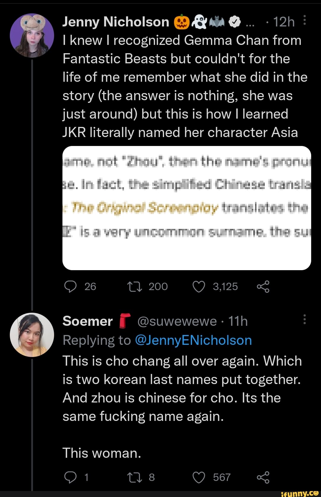 Jenny Nicholson @ I knew I recognized Gemma Chan from Fantastic Beasts ...