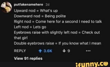 Putfakenam Upward nod = What's up Downward nod = Being polite Right nod ...