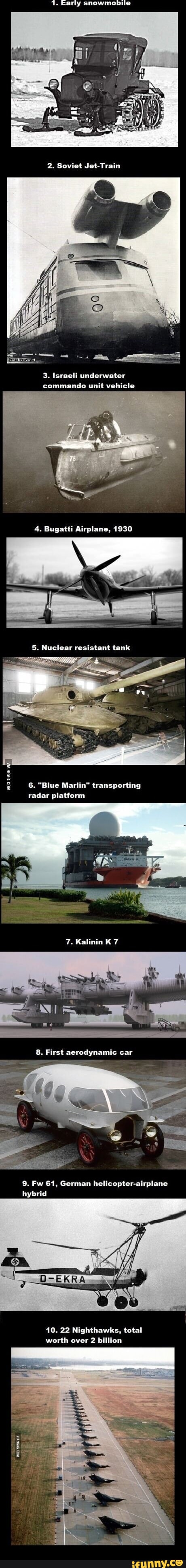 1, Early snowmobile 2. Soviet Jet-Train 3. Israeli underwater commando ...