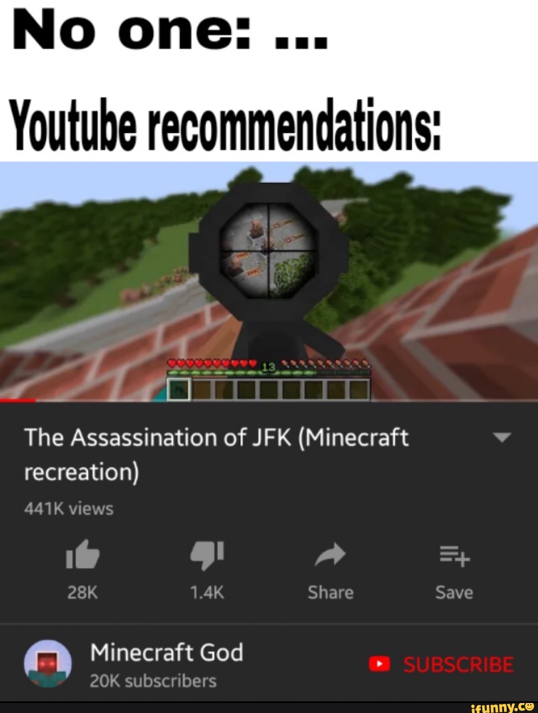 No one: Youtube recommendations: The Assassination of JFK (Minecraft ...
