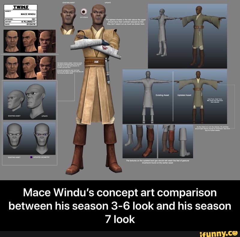 Mace Windu's concept art comparison between his season 3-6 look and his ...