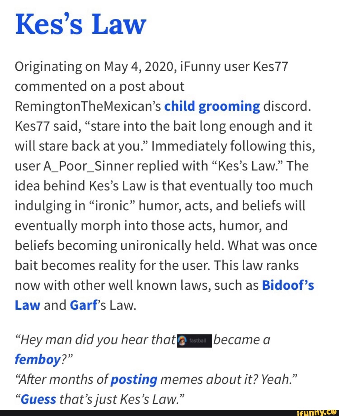 Kes's Law Originating on May 4, 2020, iFunny user Kes77 commented on a ...