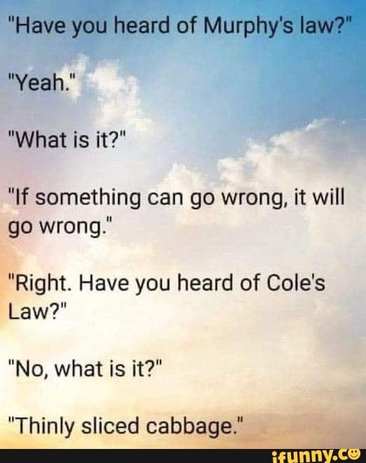 "Have you heard of Murphy's law?" "Yeah." "What is it?" "If something can go wrong, it will go ...