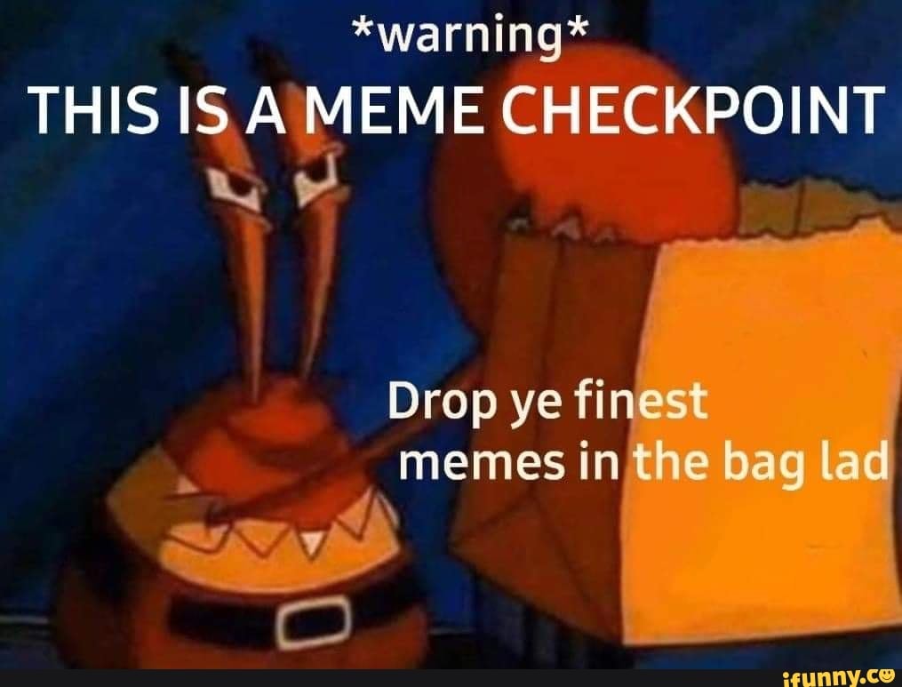 *warning* THIS IS A MEME CHECKPOINT Drop ye finest memes in the bag lad ...