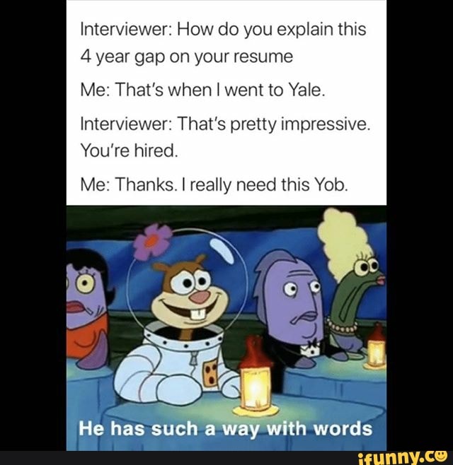 Interviewer: How do you explain this 4 year gap on your resume Me: That ...