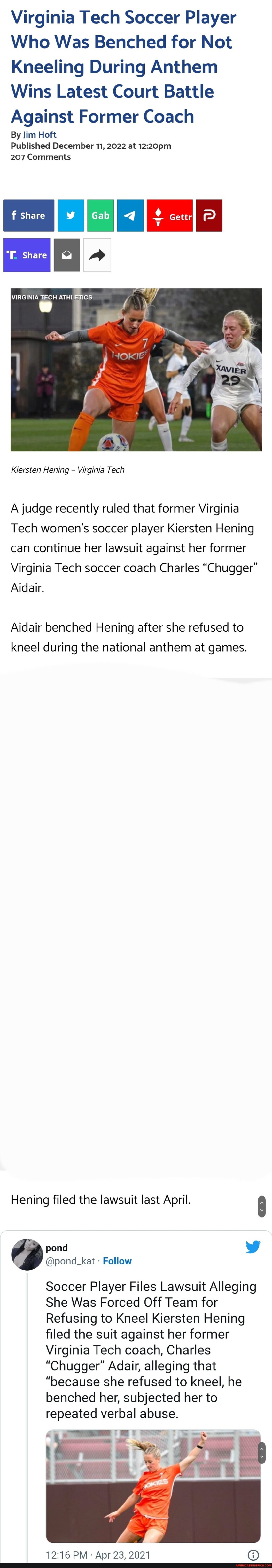 Virginia Tech Soccer Player Who Was Benched for Not Kneeling During ...