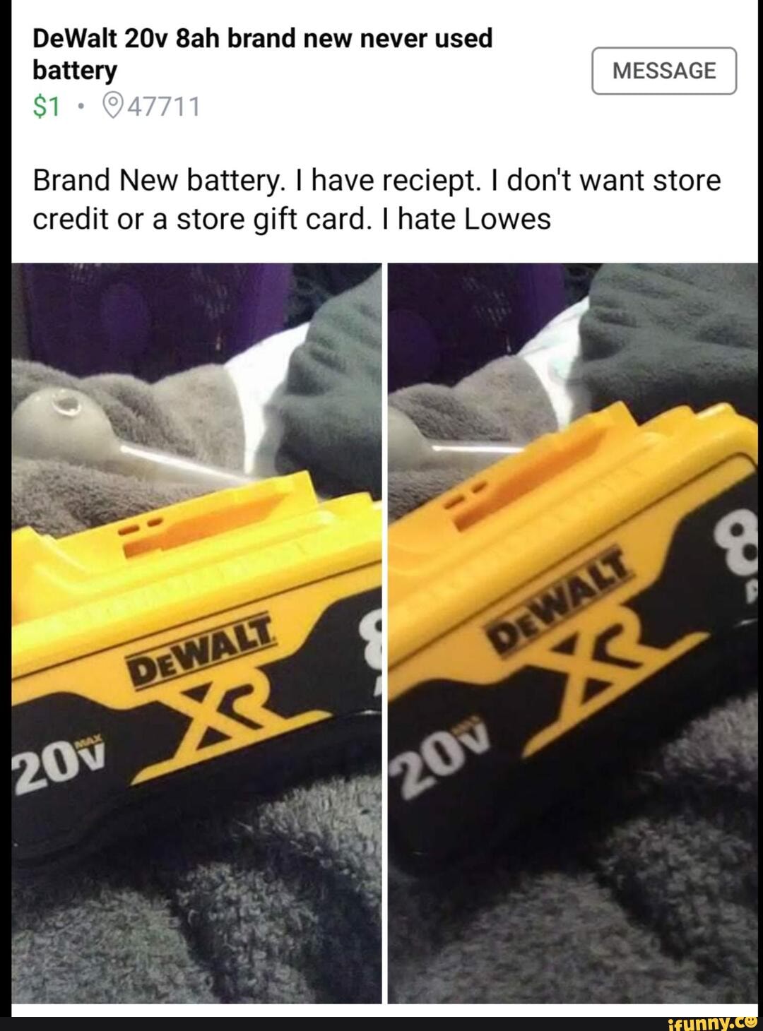 DeWalt brand new never used battery MESSAGE $1 Brand New battery. have ...
